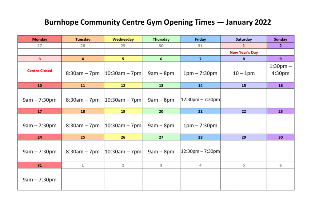 January Gym Opening times @ Burnhope Community Centre – Burnhope ...