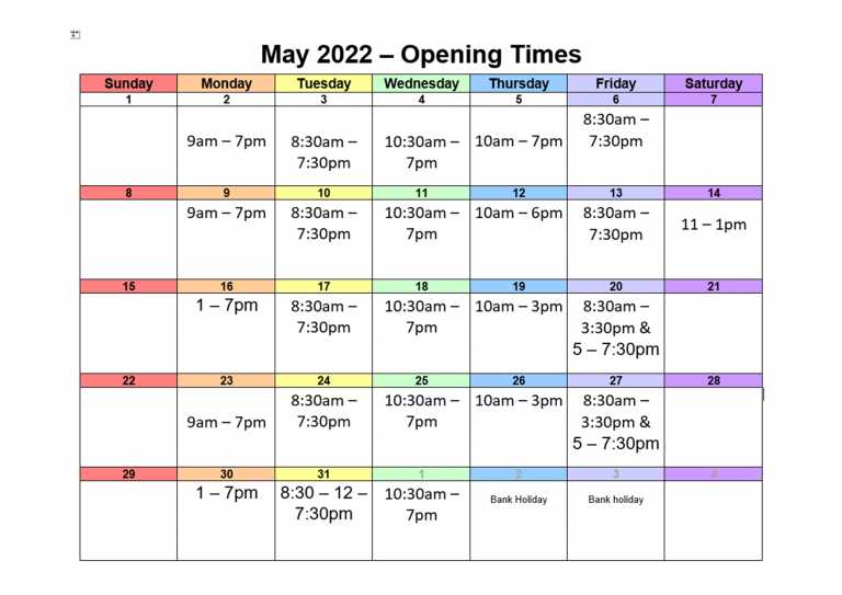 Gym Opening Times – May 2022 – Burnhope Community Centre