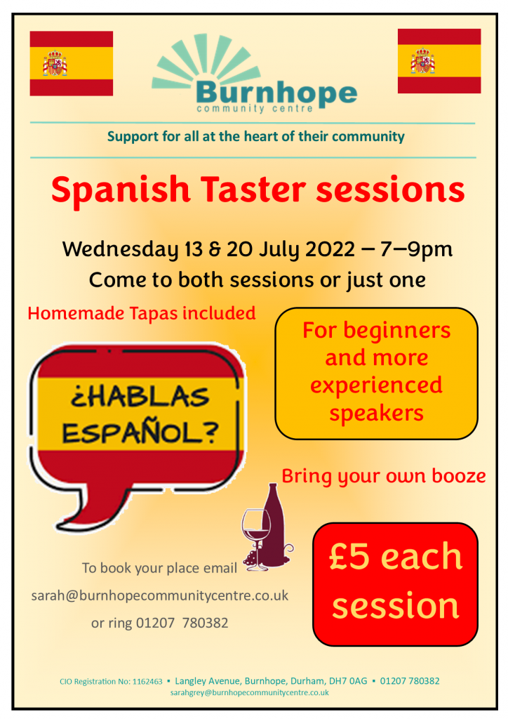 Spanish Taster sessions – 13 & 20 July 2022 – Burnhope Community Centre